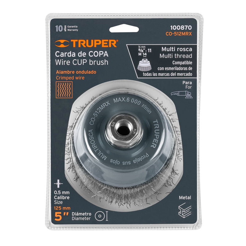 Carda copa 5" alambre ondulado grueso, Multi-rosca, Truper