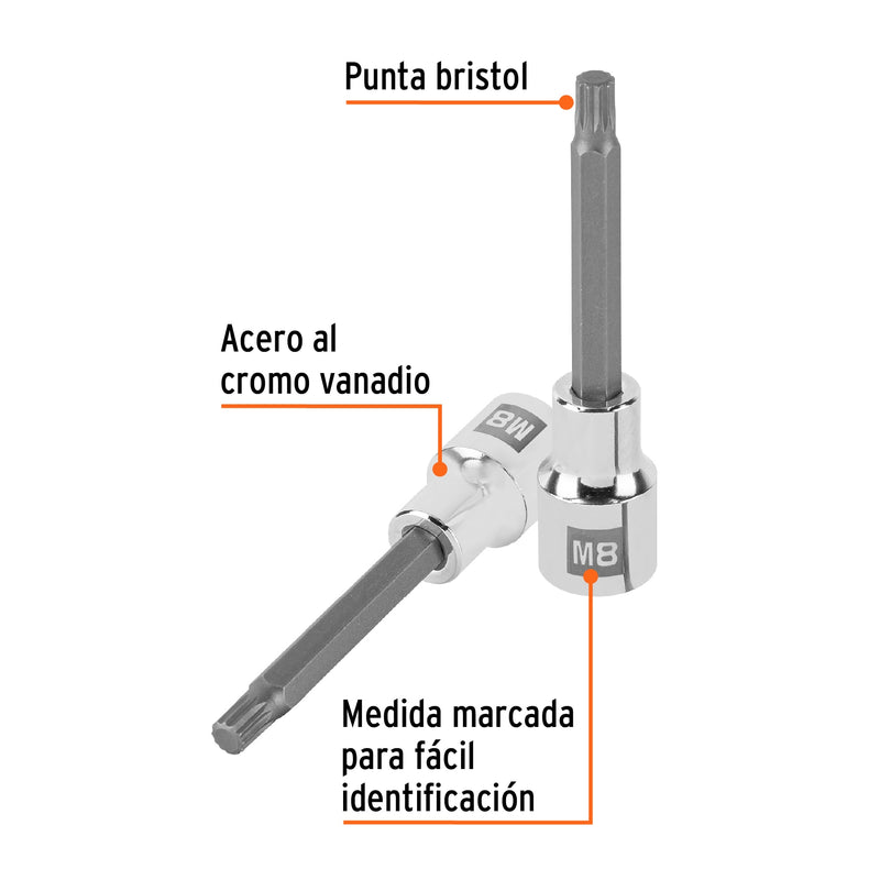 Dado punta larga bristol M8, cuadro 1/2", Truper