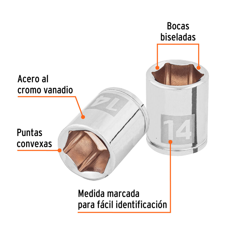 Dado de 14 mm, 6 puntas, cuadro 1/4", Truper