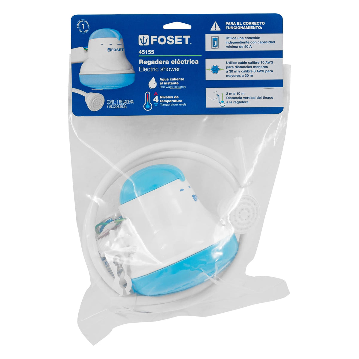 Regadera eléctrica de 4 temperaturas, 5-3/8", Azul, Foset